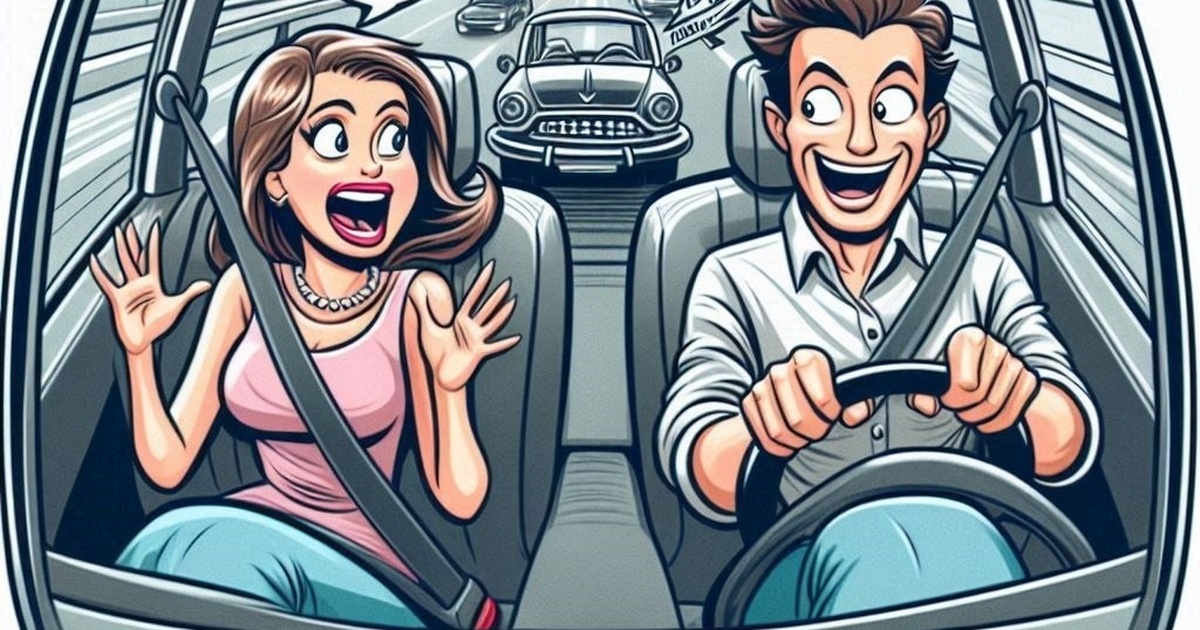 A married couple is driving along a highway doing a steady 40 miles per ...